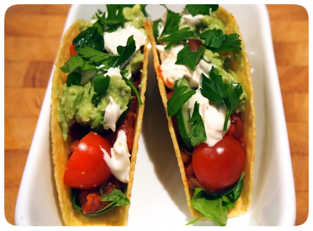 Vegan Spicy Bean Chilli & Rice Tacos with Guacamole